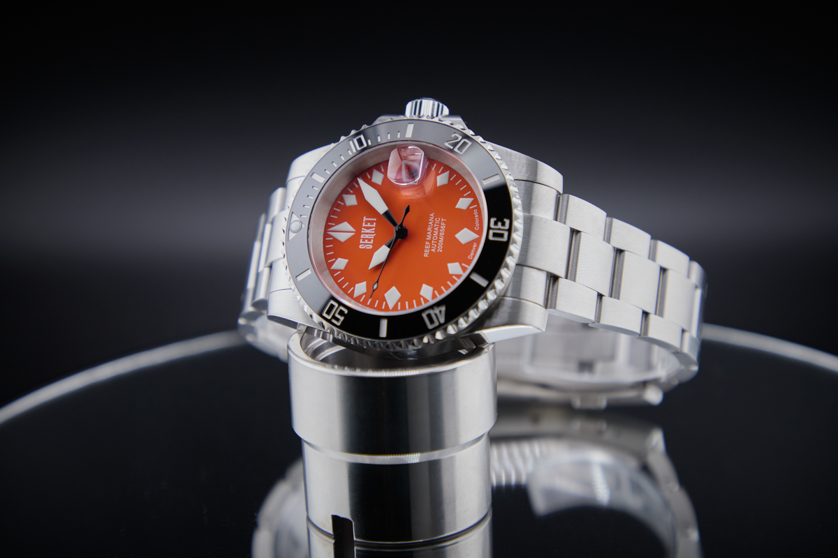 Shop Reef Mariana Diver Orange Dial Black Bezel | Serket Watch Company